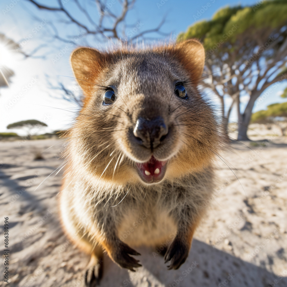 Smiling quokka posing for the camera on the beach. Quokka the happiest ...