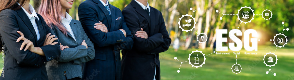 Panorama business people standing in line together with confidence, ESG ...