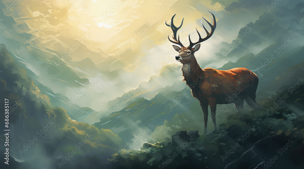 a fierce and noble looking white deer silhouetted on top of a mountain ...