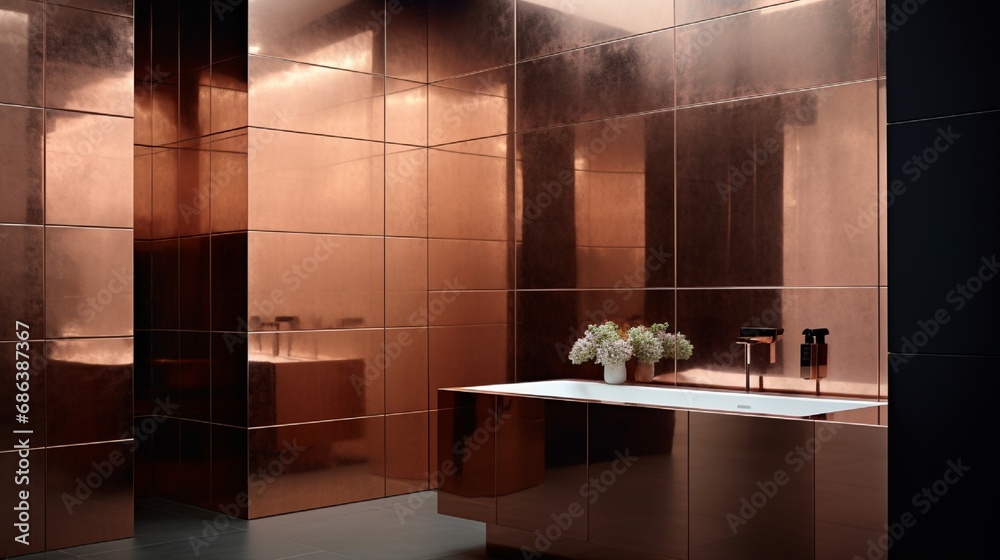 A wall covered in large-format tiles with a metallic sheen, creating a ...