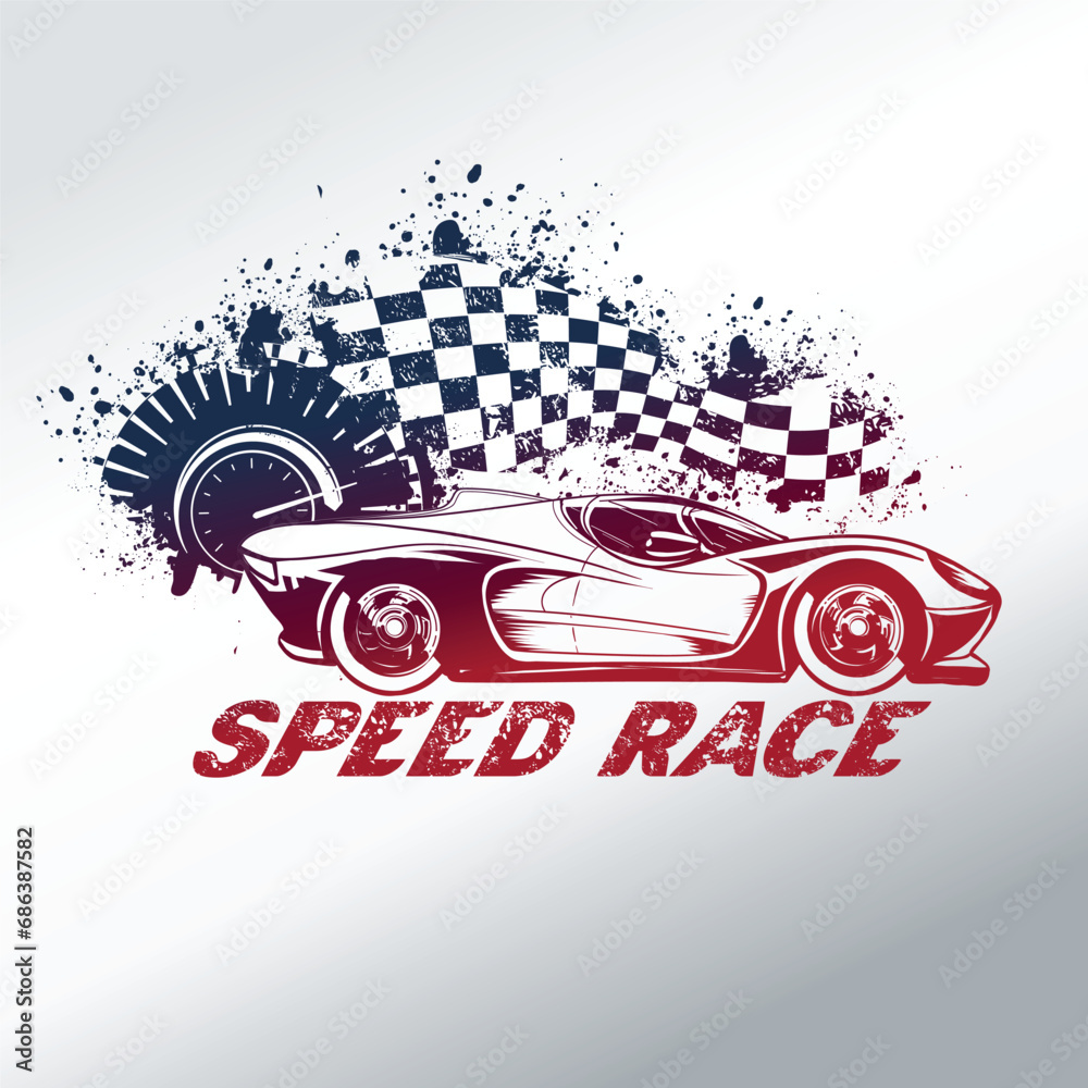 Sport car on chequered flag with speedometer and text Speed race. Speed ...