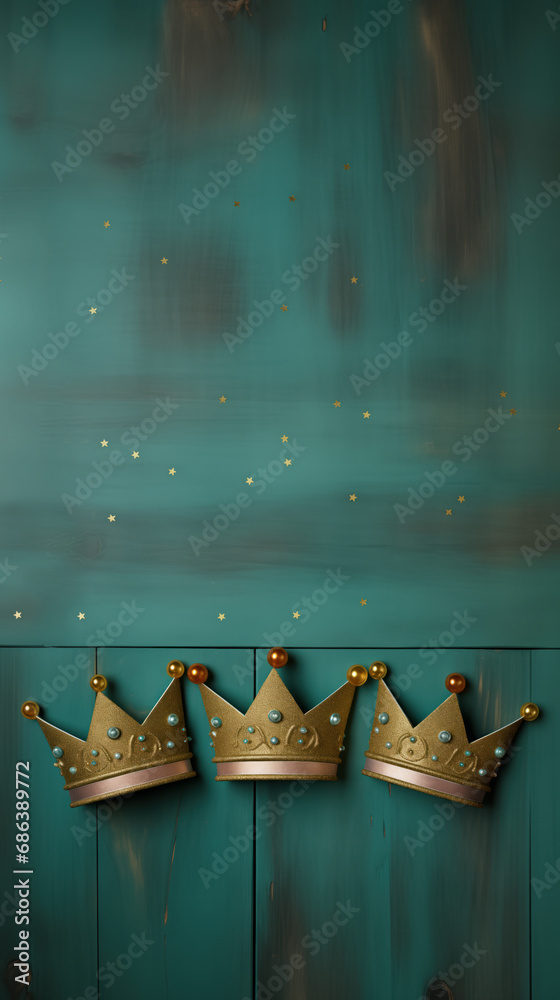 festive background of The three crowns of the Magi rest on a surface of ...