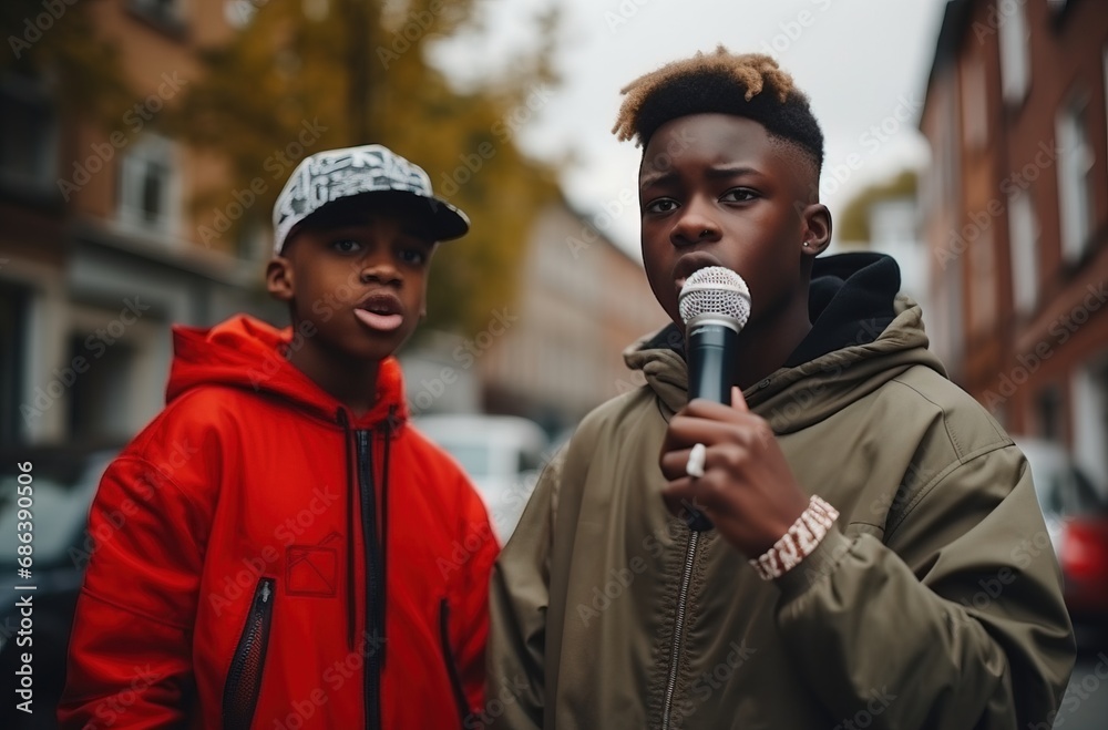 Black rapper boys with caps and baggy clothes singing in the street ...