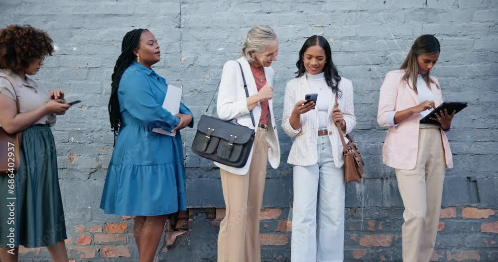 Women, diverse and job interview waiting conversation on cellphone in ...