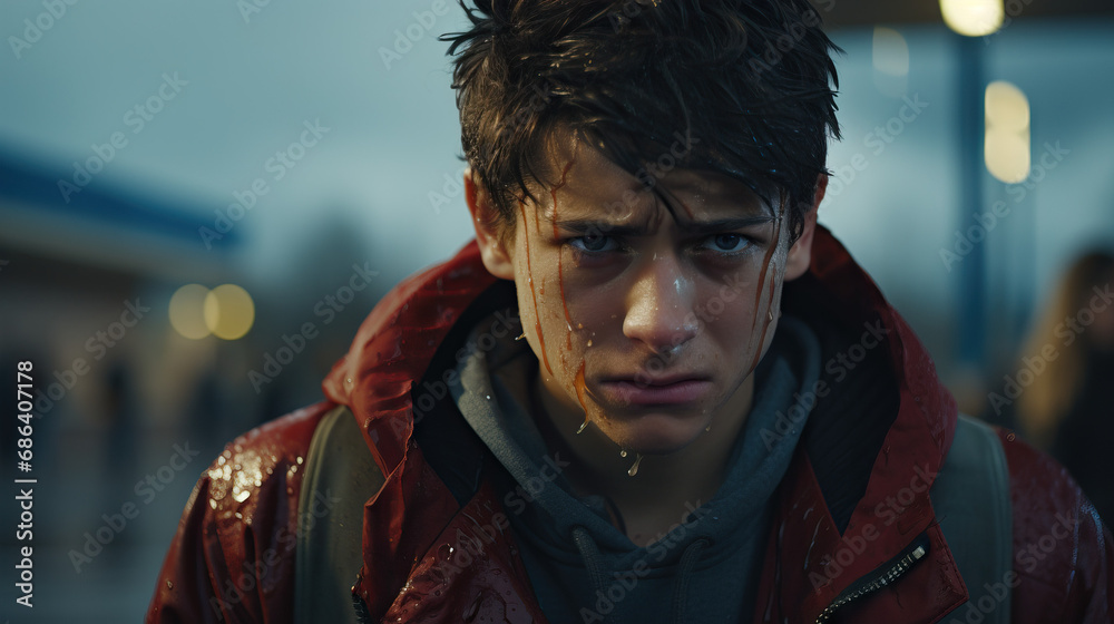 High school student crying after getting bullied in the rain. Concept ...
