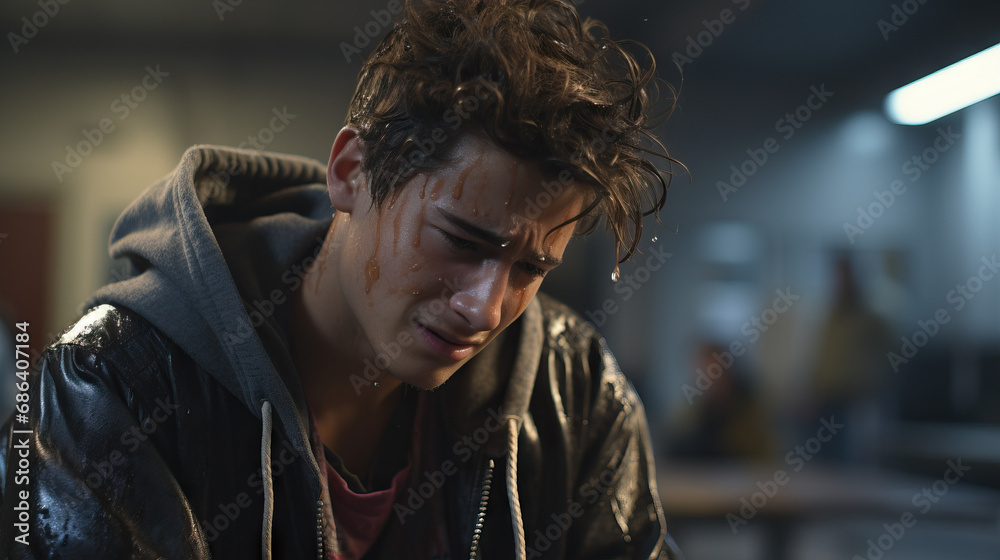 High school student crying after getting bullied in the rain. Concept ...