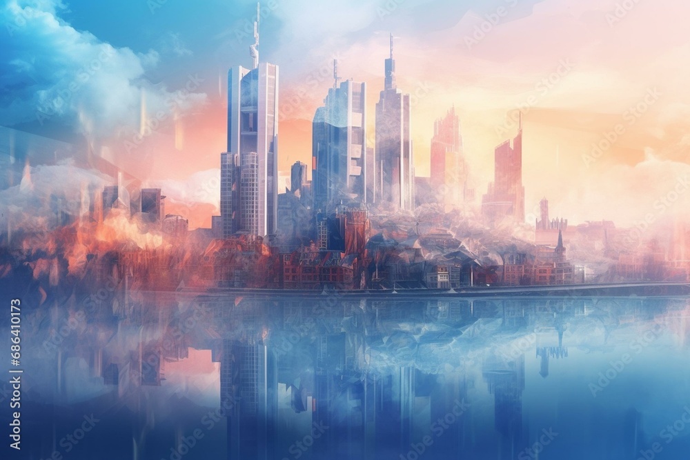 Beautiful city with layers of transparent buildings forming a gradient ...