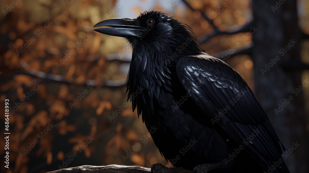 Black crow with shiny feathers on the branches of a tree, with a park ...