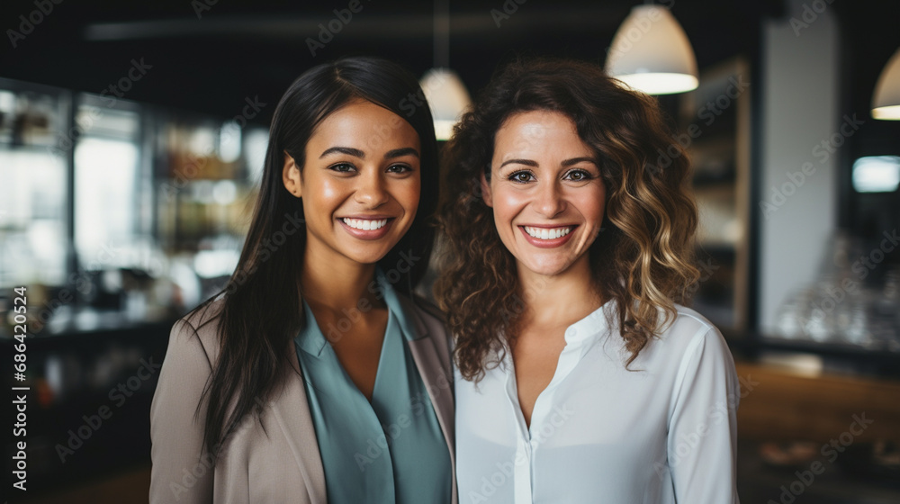 two happy colleagues or friends or group or team, women 30 years old or ...