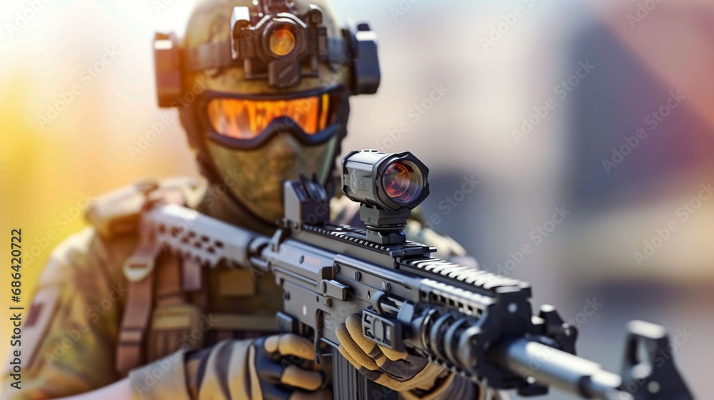 A soldier wears combat uniform in war or special operations, machine ...