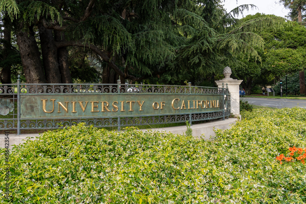 University of California sign outside the UC Berkeley campus ...