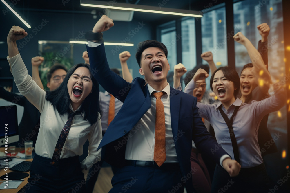 A happy young adult Asian employee business team rises up in joy of ...