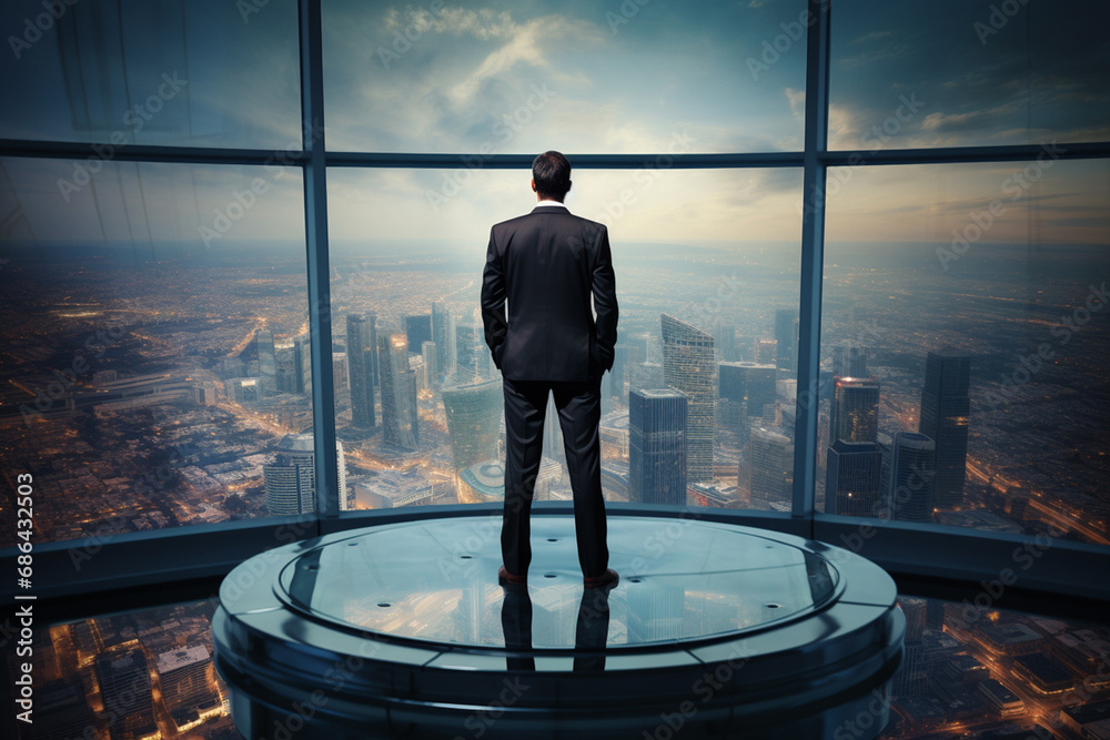 Backside portrait of male CEO Chief Executive standing on top office ...