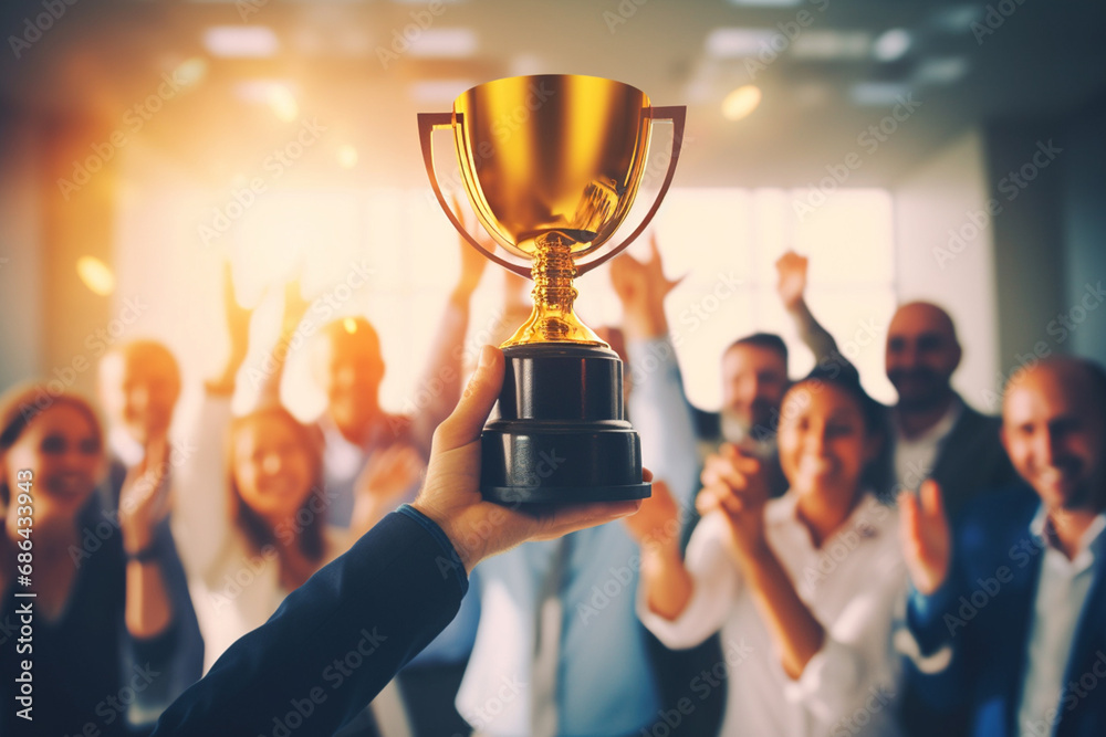 Happy worker team in office holding a golden trophy to celebrate ...