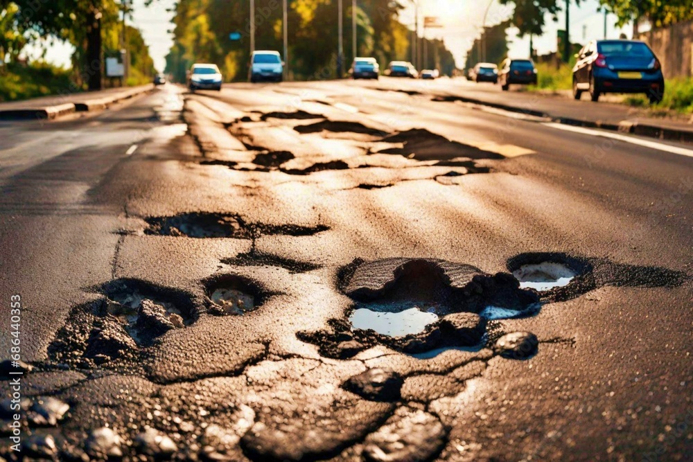 Vehicles Driving Over Large Erosion Damage Hole in City Street Asphalt ...
