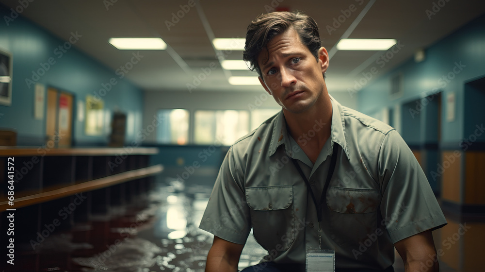 Sad depressed janitor on duty at school. Concept of Janitorial duties ...