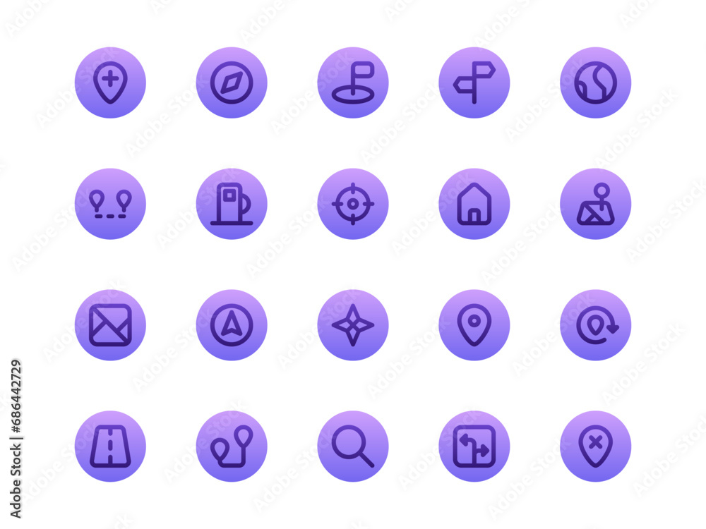 Location Icon Set Gradient Circular Outline Style. Online Map Material ...