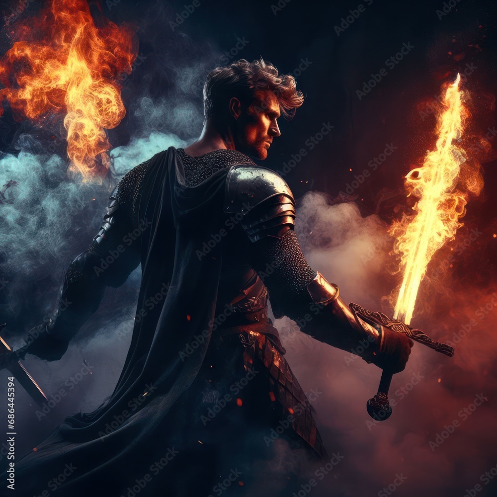 knight in armor fighting with a flaming sword in a medieval battle ...