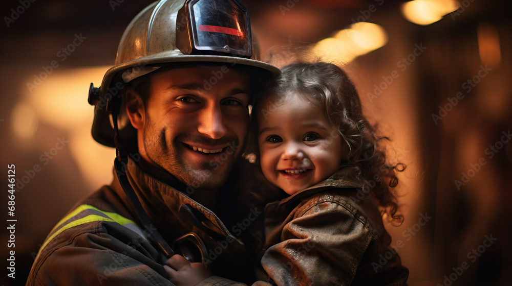 Firefighter holding little girl saved from fire. Concept of Heroism and ...