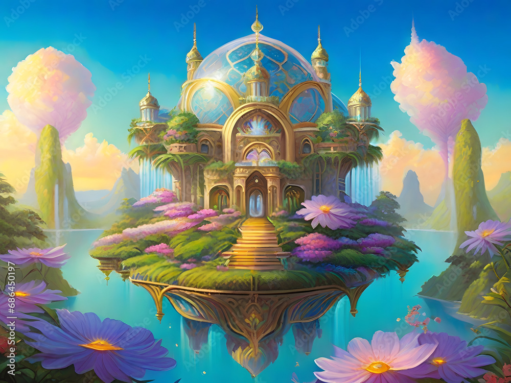 Step into a solarpunk utopia where regality meets nature in a floating ...