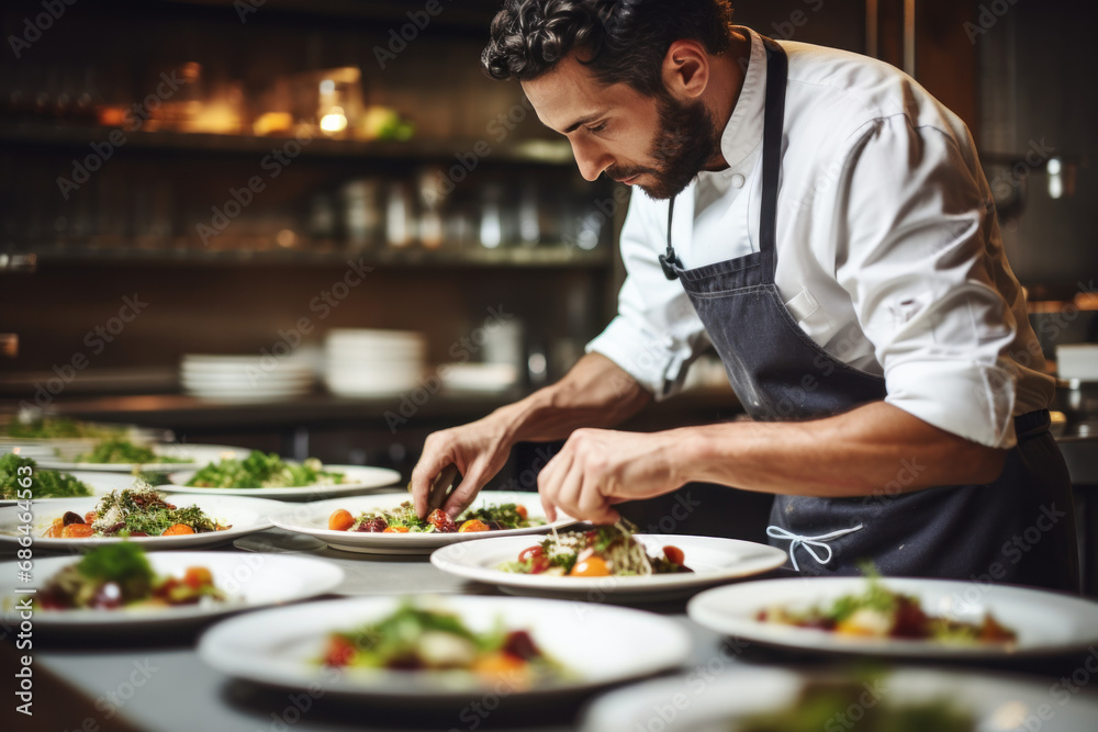 Male chef in the kitchen artfully and beautifully preparing gourmet ...