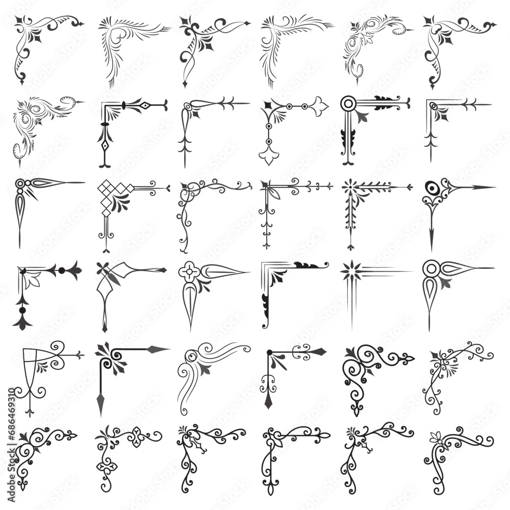 Vector illustration of decorative corner frame set. Set Hand Draw of ...