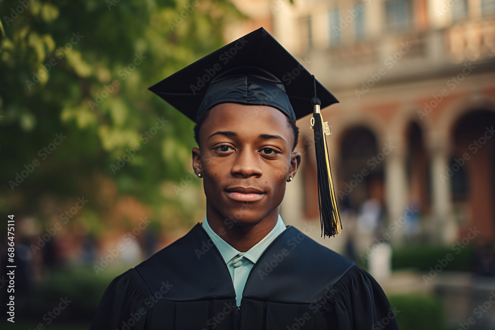 Portrait of a young black university graduate on his graduation day ...
