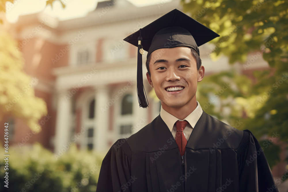 Young Asian student on his graduation day wearing the traditional cap ...