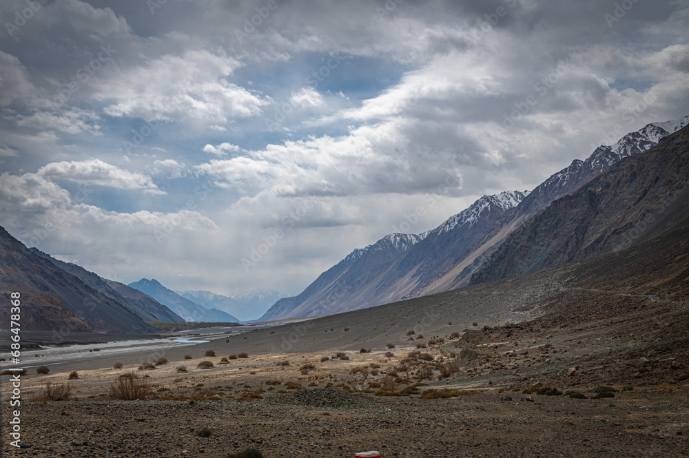 Scenic view of Himalayas and Ladakh ranges. Beautiful barren hills in ...
