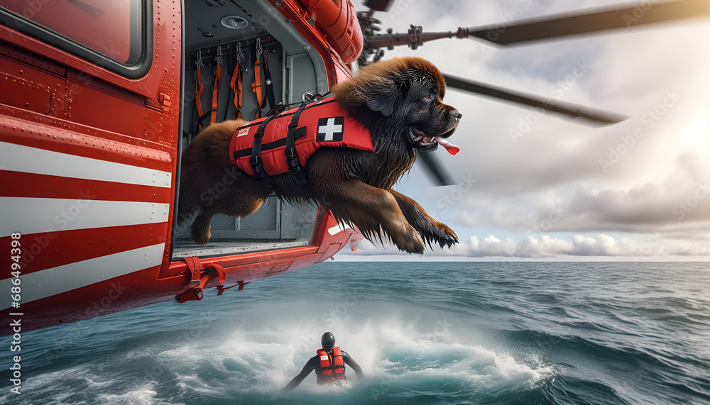 Newfoundland dog jumping out of a helicopter into the ocean to the ...