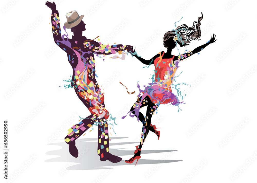 Abstract dancing couple decorated with splashes, waves, notes. Hand ...