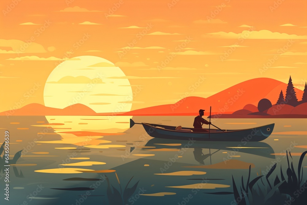 Cartoon illustration of a person in a boat in the ocean Stock ...