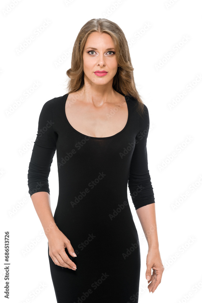 Slim woman in black dress demonstrating thin waist after weight loss ...