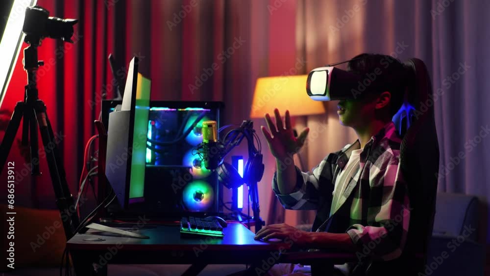 Asian Boy Streamer Playing Game Experience Virtual Reality In ...