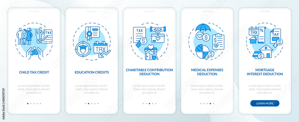 Specific tax benefits blue onboarding mobile app screen. Tax policies ...