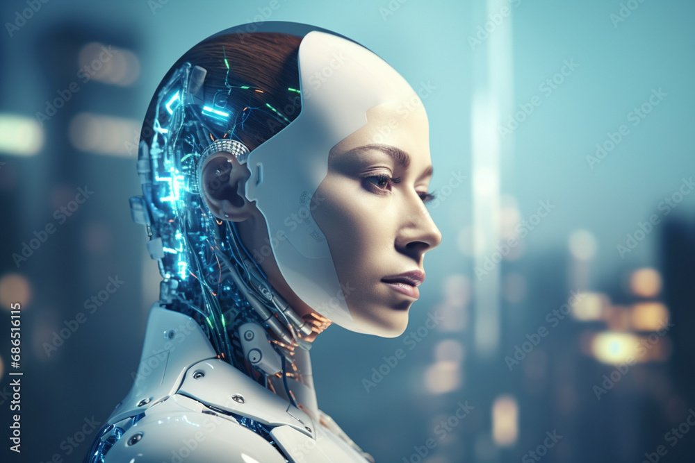 The detailed side view of a hyper realistic humanoid female robotic ...