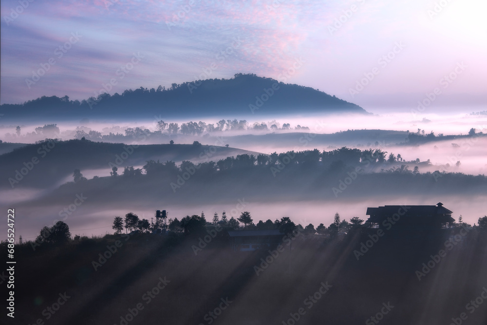 Beautiful scenery and morning mist at Kong Niam Temple Khao Kho ...