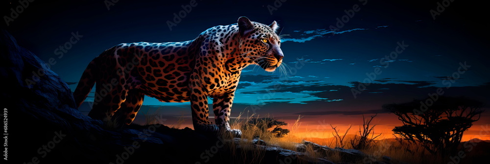 leopard on a moonlit night, its spotted coat blending seamlessly with ...