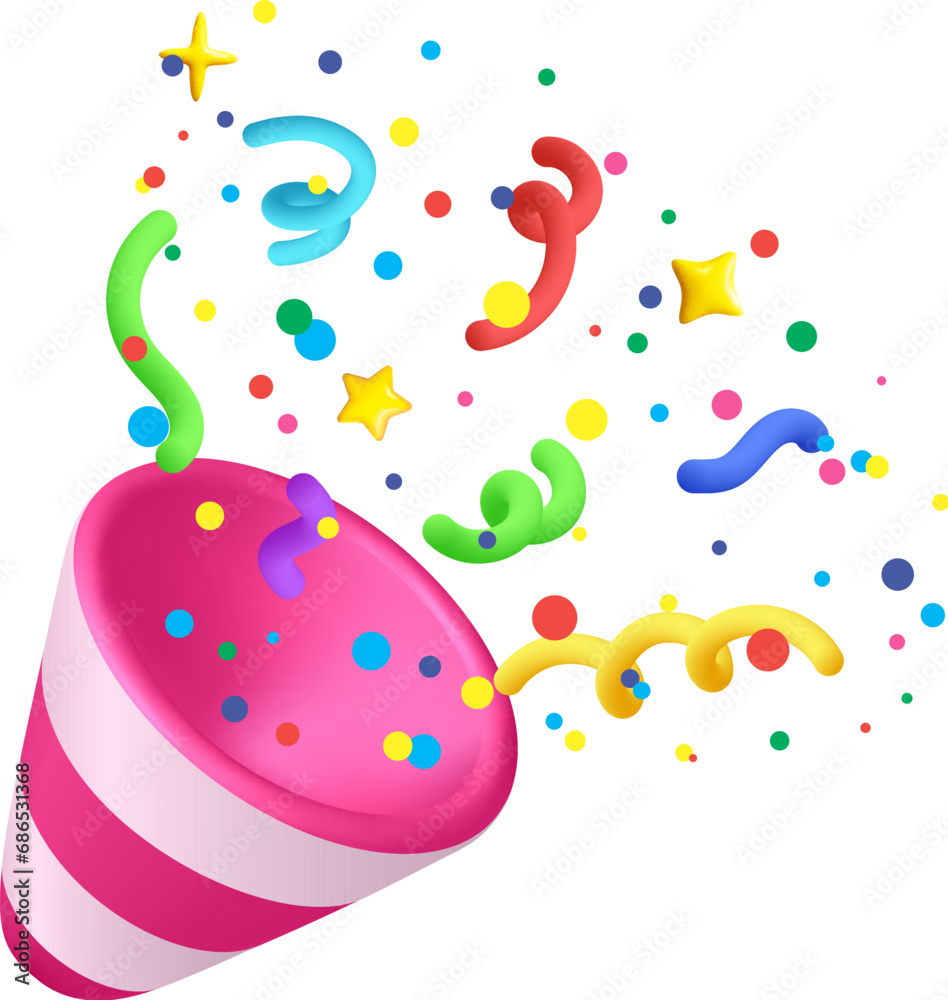 3D party popper emoticon icon with confetti isolated on white ...
