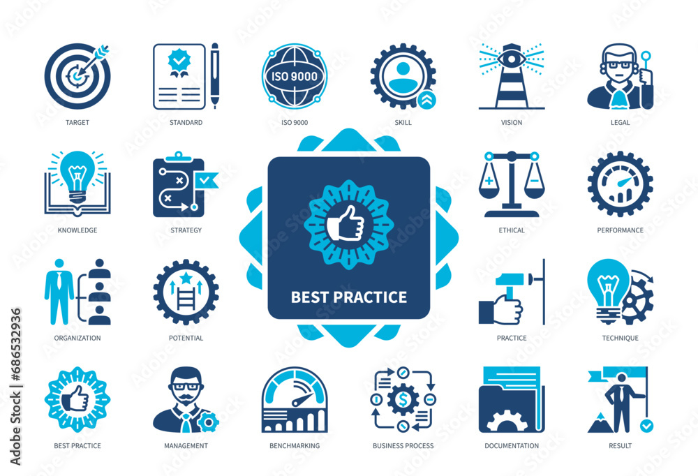 Best Practice icon set. Target, Knowledge, Vision, Potential, Strategy ...