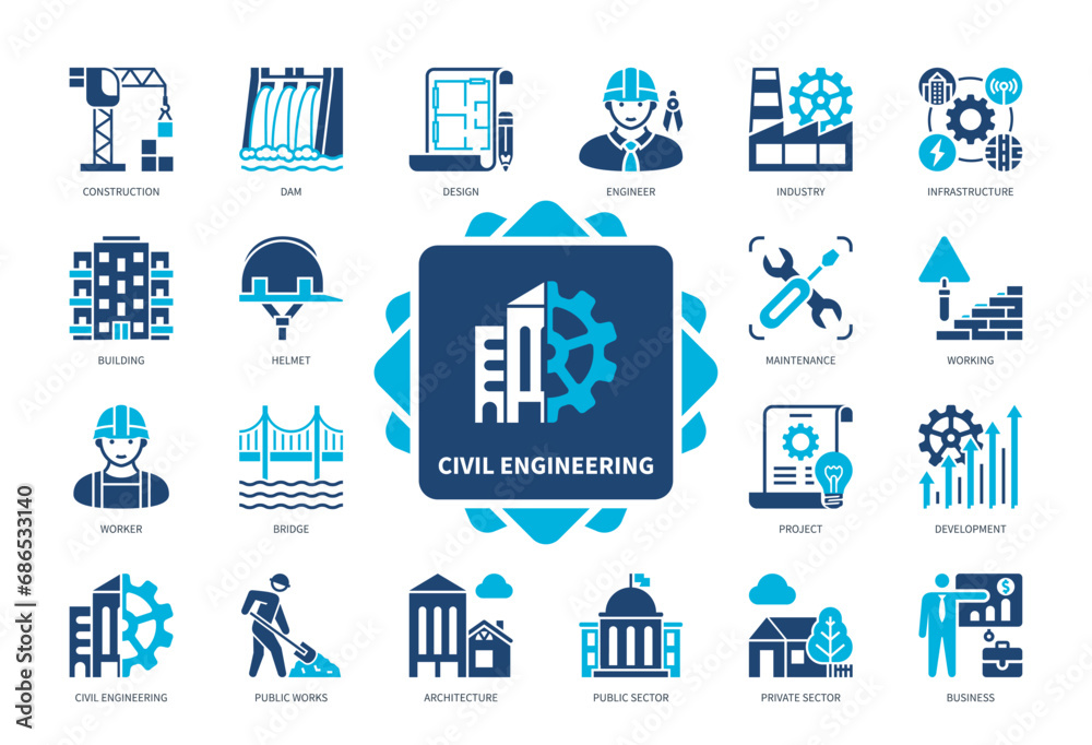 Civil Engineering icon set. Design, Working, Maintenance, Construction ...
