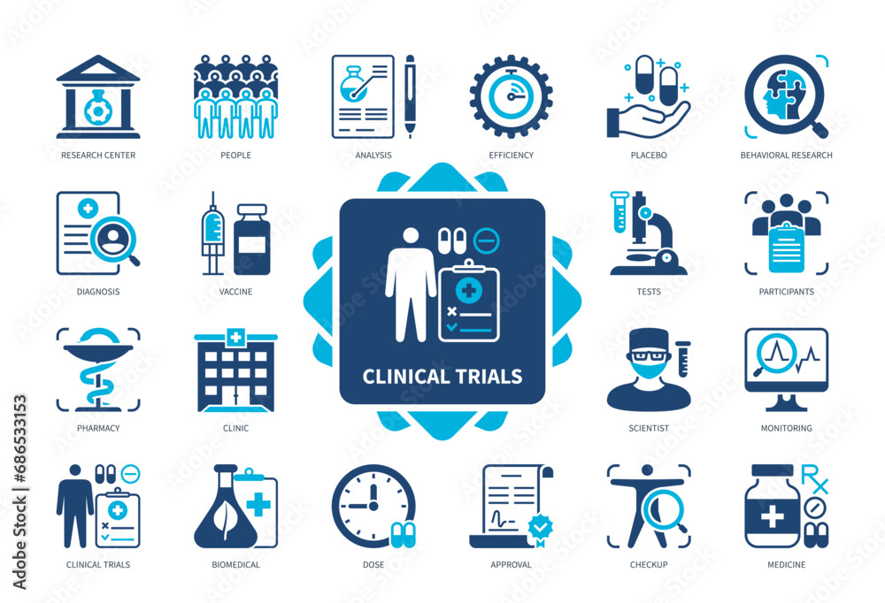 Clinical Trials icon set. Research Center, Placebo, Analysis ...