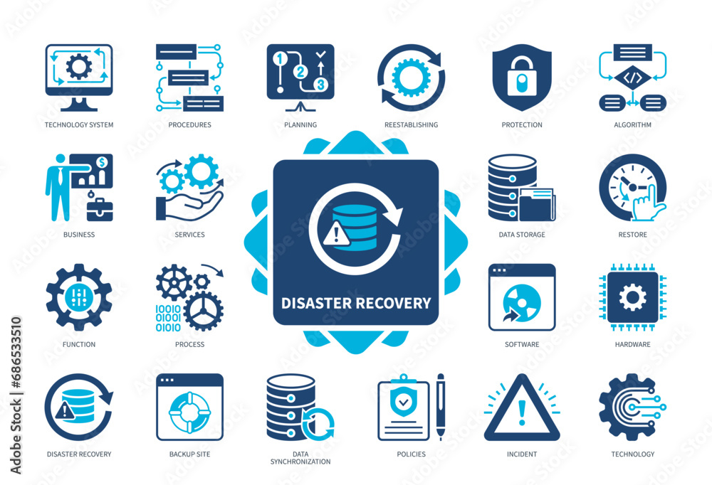 Disaster Recovery icon set. Incident, Backup Site, Procedures, Planning ...