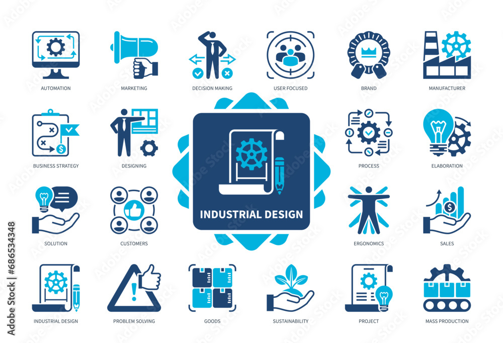 Industrial Design icon set. Goods, Elaboration, Mass Production ...