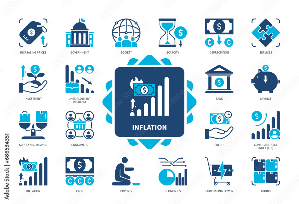 Inflation icon set. Goods, Supply and Demand, Scarcity, Price Increase ...
