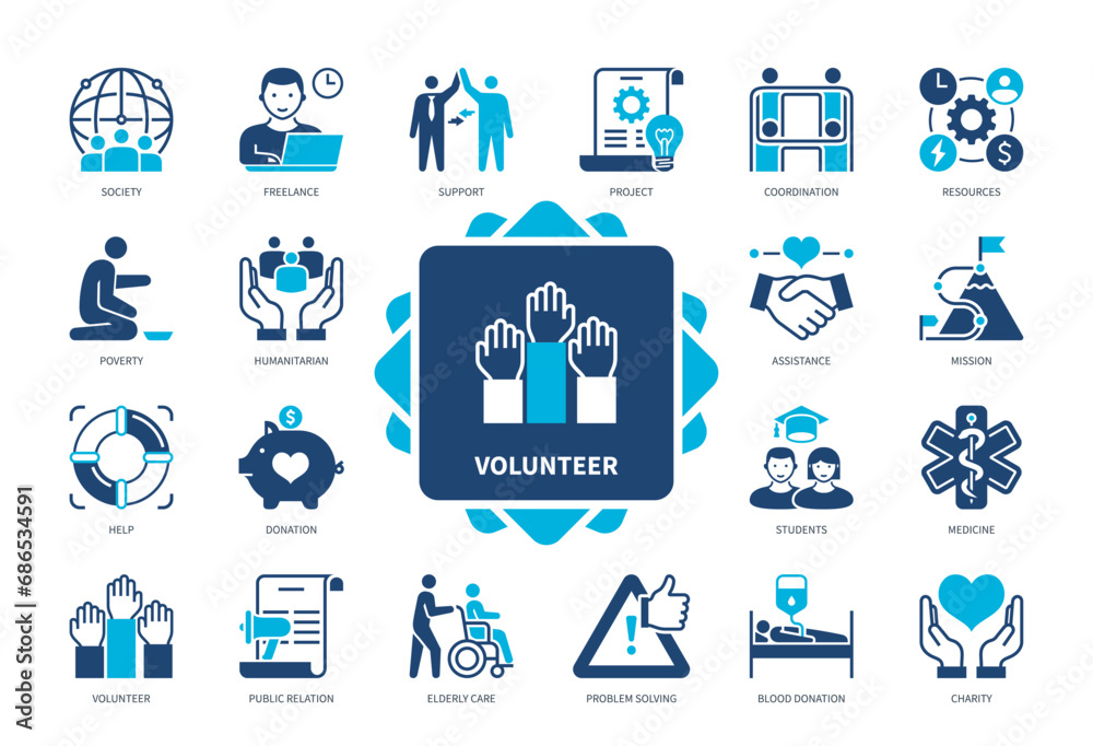 Volunteer icon set. Public Relation, Elderly Care, Problem Solving ...