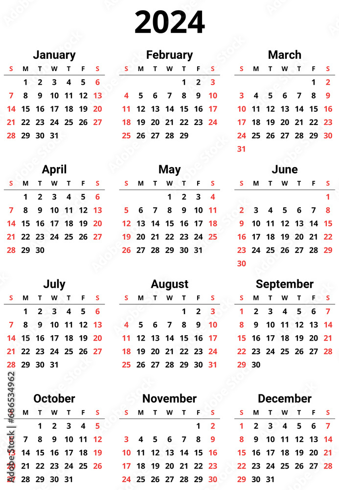 2024 year png calendar. Printable transparent illustration. 12 months ...