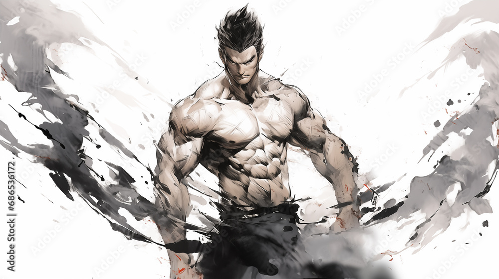 Hand drawn ink illustration of fitness muscular man Stock Illustration ...