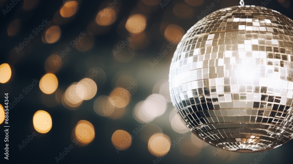 a macro close-up photo of a silver disco ball in the club or concert ...