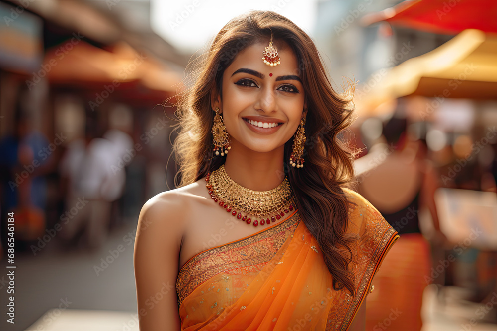 beautiful indian girl in saree and jewelry smiling, street background ...
